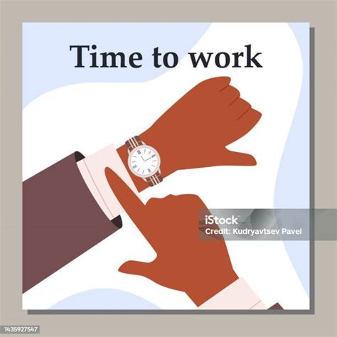 마네 손에 손목 시계 비문 작업 시간 포스터 템플릿 플랫 벡터 일러스트레이션 개념에 대한 스톡 벡터 아트 및 기타 이미지 개념 고용과 노동 공연 Istock