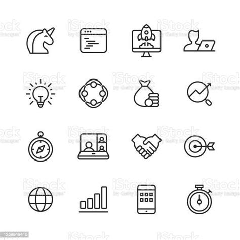 시작 라인 아이콘 편집 가능한 스트로크 픽셀 완벽한 모바일 및 웹용 유니콘 성장 프로그래밍 벤처 캐피탈 비디오 컨퍼런스 거래 민첩한 모바일 앱 비전 목표 성취 설립자 기업가