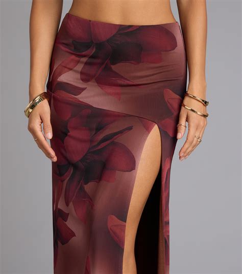 Blooming Allure Floral Mesh High Slit Maxi Skirt And Windsor