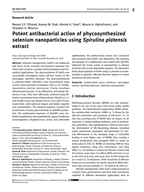 Pdf Potent Antibacterial Action Of Phycosynthesized Selenium Nanoparticles Using Spirulina
