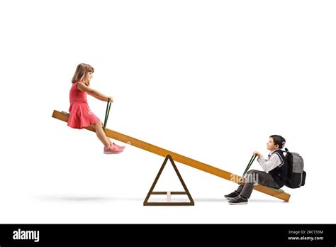 Sister And Brother Playing On A Seesaw Isolated On White Background