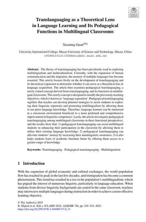 Pdf Translanguaging As A Theoretical Lens In Language Learning And Its Pedagogical Functions