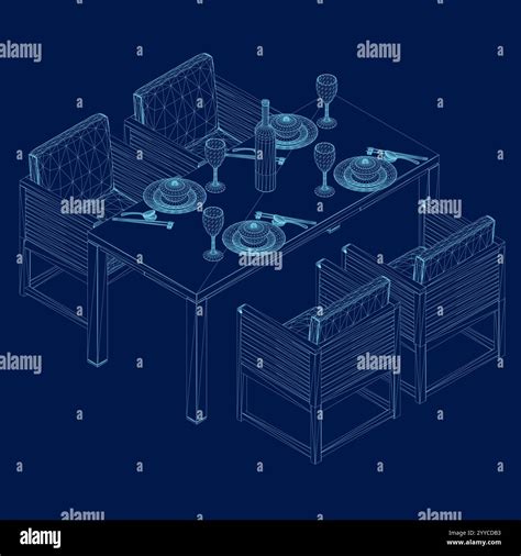 Wireframe Formal Table Setting Isometric View Vector Illustration
