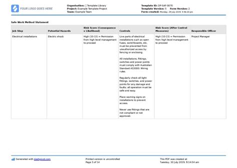 Safe Work Method Statement For Electrical Works Editable Template