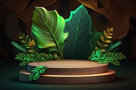 A Stage With A Green Leaf On It Premium Ai Generated Image