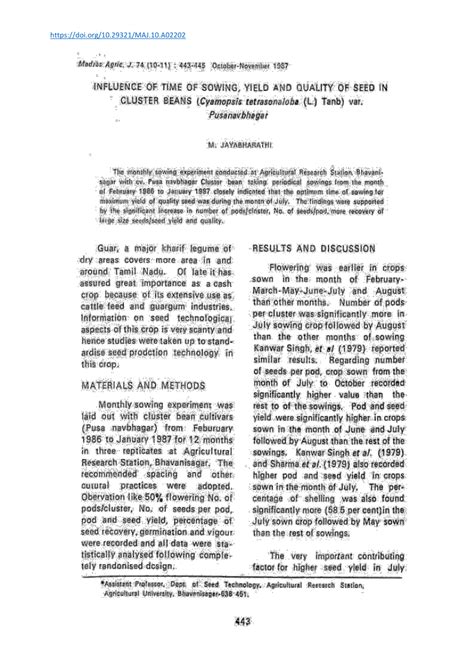 (PDF) INFLUENCE OF TIME OF SOWING, YIELD AND QUALITY OF SEED IN CLUSTER BEANS (Cyamopsis ...
