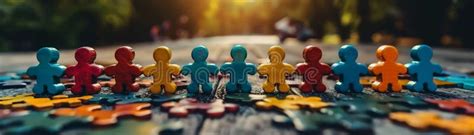 Colorful Puzzle Pieces And Figurines Symbolize Teamwork And Collaboration Showcasing Unity And