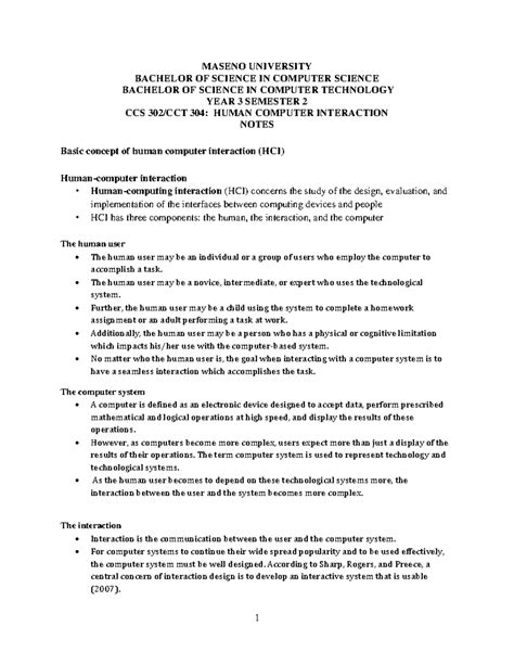 Ccs 302 Human Computer Interaction Notes 1 Maseno University