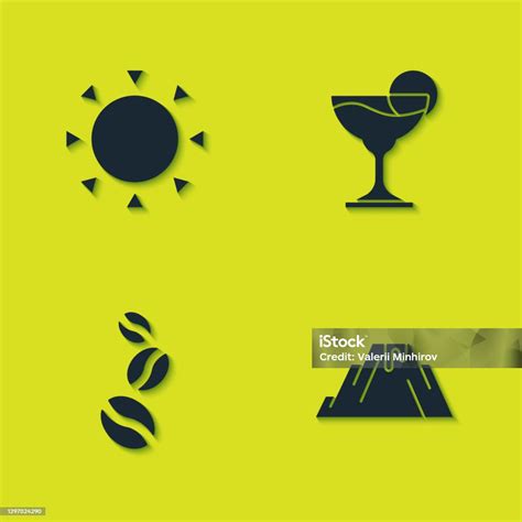 설정 태양 용암 커피 콩과 마가리타 칵테일 아이콘화산 분화 벡터 검은색에 대한 스톡 벡터 아트 및 기타 이미지 검은색 곡초류 그림자 Istock