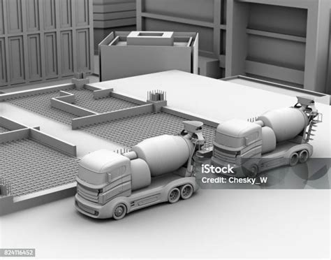 콘크리트 믹서 트럭 건설 현장에서 주차의 3d 클레이 렌더링 건설 산업에 대한 스톡 사진 및 기타 이미지 건설 산업 건설 장비 건설 현장 Istock
