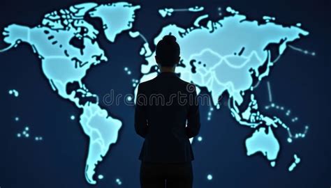 Professional Woman Analyzing Global Data Trends Against A Glowing World Map In A Modern Office