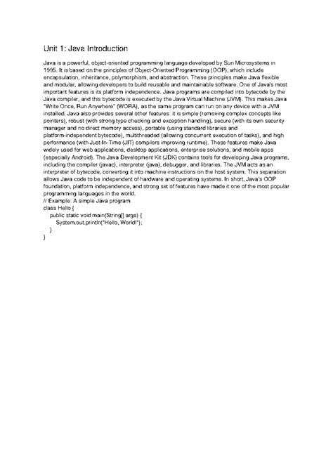Core Java Notes Unit 1 Introduction To Java Cc 210 Studocu