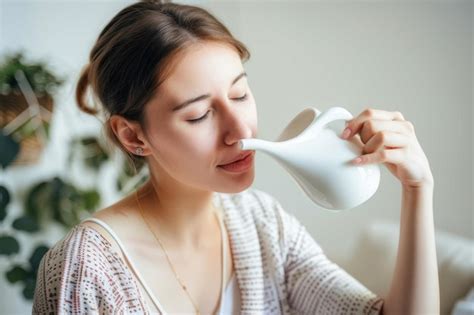 Beautiful Woman Using Neti Pot One Woman Young Lady Using Neti Pot At Home Premium Ai