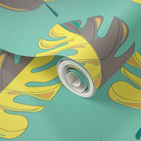 Bright Colored Monstera Teal And Yellow Wallpaper Spoonflower