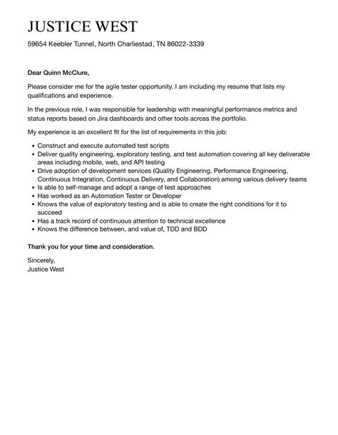 Agile Tester Cover Letter Velvet Jobs