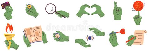 Set Of Colorful Hands Holding Obects And Shoving Gestures Human Palms With Different Items