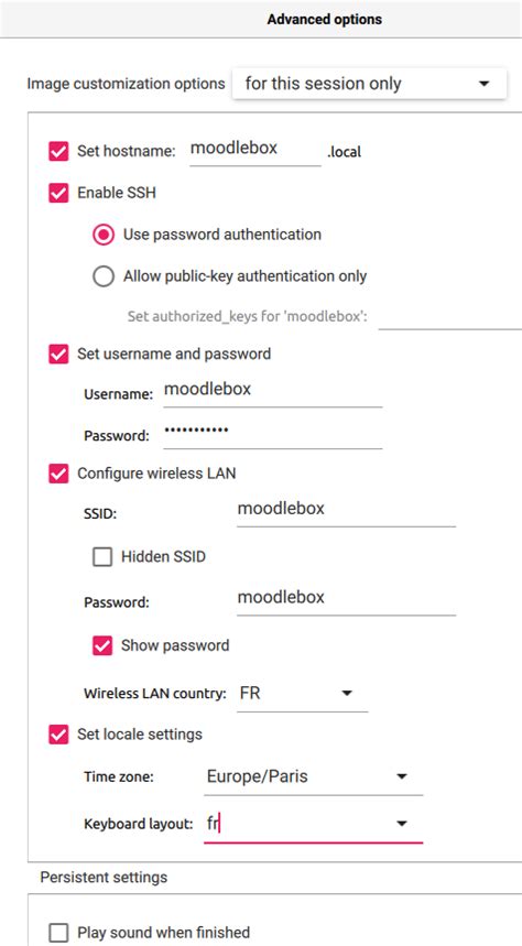 Paramétrage Pi Imager Moodlebox Support