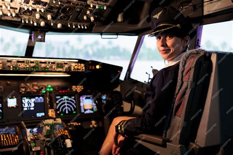 Premium Photo Portrait Of Woman Copilot In Uniform Flying Airplane Jet From Cockpit With