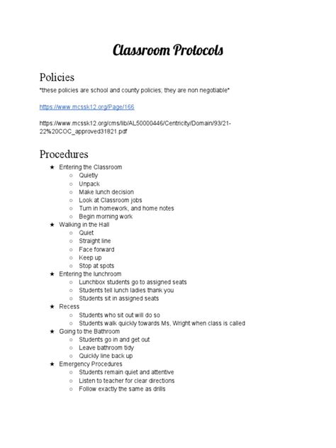 Classroom Protocols For Website Pdf