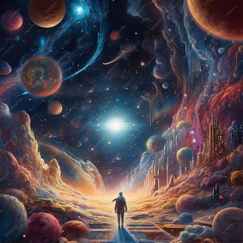 Premium Photo A Man Walks Down A Path In Space With A Nebula In The