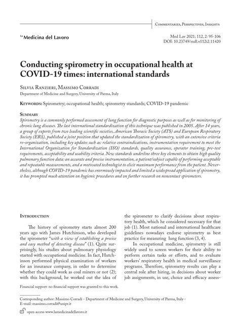 Pdf Conducting Spirometry In Occupational Health At Covid 19 Times