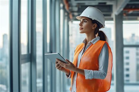 Female Engineer Utilizing Tablet For Modern Construction Management At Urban Development Site
