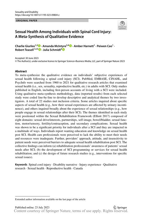 Sexual Health Among Individuals With Spinal Cord Injury A Meta Synthesis Of Qualitative Evidence