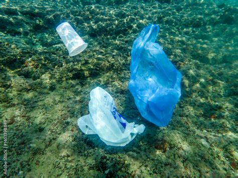 Bag In Underwater Environmental Pollution Problem Plastic Bottle In