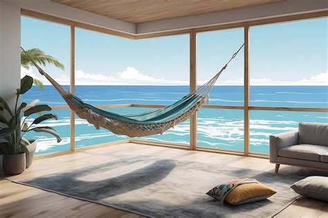 Premium Photo A Drawing Of A Hammock In A Living Room With A View Of The Ocean Generative Ai