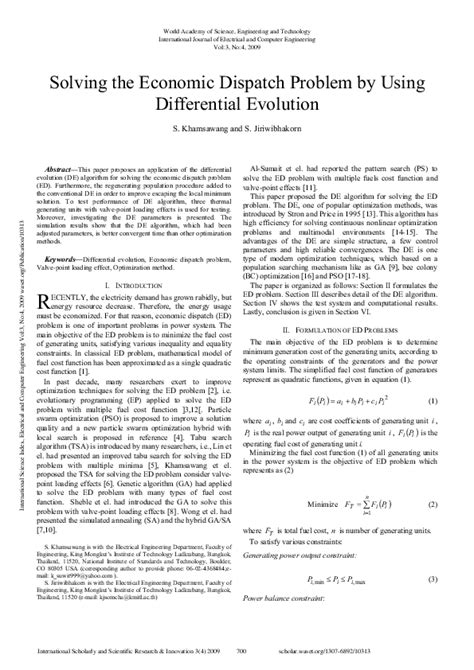 Pdf Solving The Economic Dispatch Problem By Using Differential Evolution
