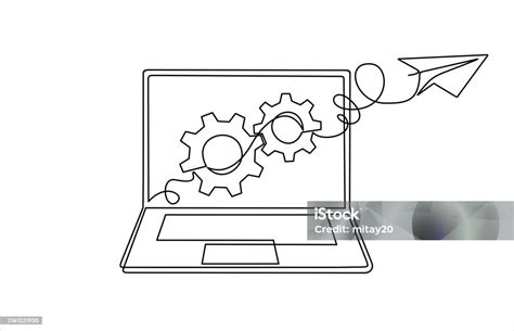 종이 비행기가 날아 오르는 것은 하나의 연속적인 선 그리기로 화면 노트북의 기어와 연결되어 있습니다 윤곽선 스타일의 비행기입니다 Seo 최적화 일러스트레이션 웹 분석 디자인