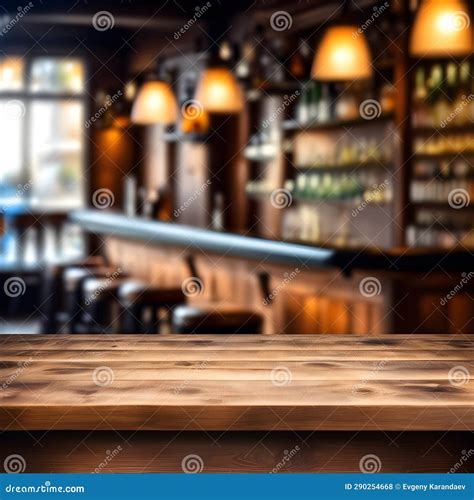 Empty Wooden Pub Table And Blurred Pub Background Stock Illustration