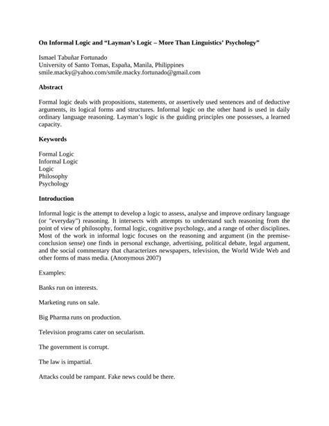 Pdf On Informal Logic And Laymans Logic More Than Linguistics