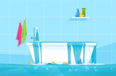 溢れるお風呂セミイラスト。フローティングバスルームアクセサリーとジェル。水漏れ。バスルームの洪水。業務用一般家庭事故カルテノンシーン