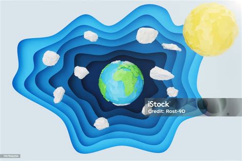 지구 개념 추상 종이 잘라 배경입니다 중앙에 지구와 종이 조각 효과 낮은 폴 리 다각형 지구 구름과 태양 3d 렌더링 창조적 인 종이 접기 글로브 3차원 형태에 대한 스톡