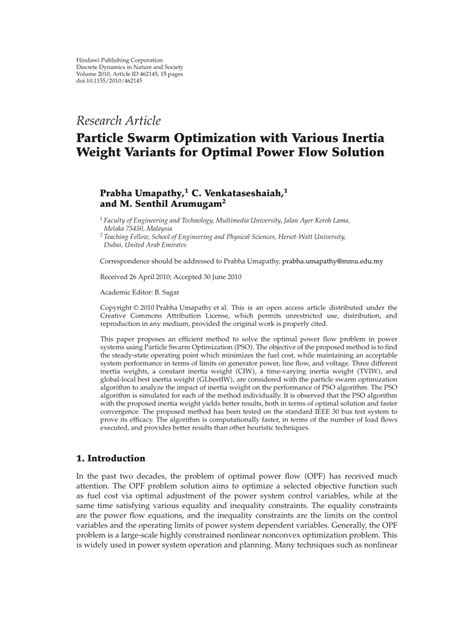 Pdf Particle Swarm Optimization With Various Inertia Weight Variants For Optimal Power Flow