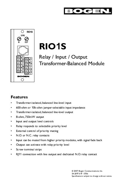 Bogen Rio1s Relay Input Output Module Manual