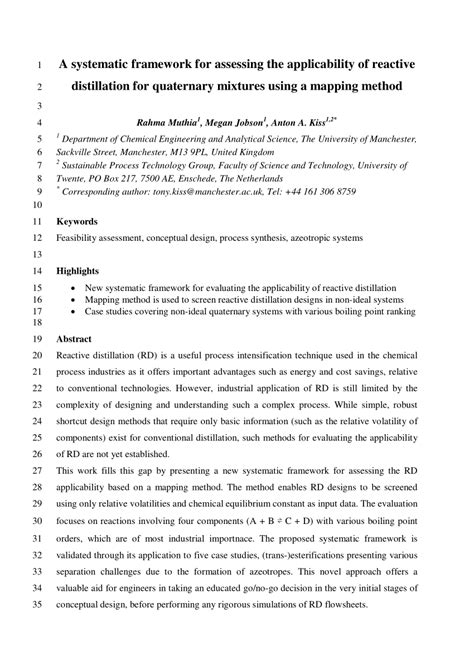 Pdf A Systematic Framework For Assessing The Applicability Of Reactive Distillation For