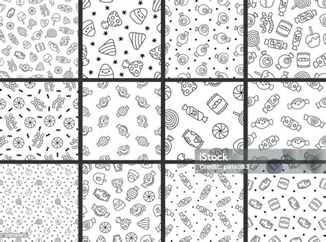 설탕 할로윈 달콤한 사탕 원활한 패턴 색칠 공부 페이지 재밌는 음식 만화 카라멜 빨판 손으로 그린 스타일입니다 벡터 그리기 디자인 장식품 컬렉션 가지 식물 부위에 대한 스톡