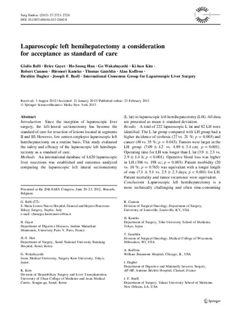 Pdf Laparoscopic Left Hemihepatectomy A Consideration For Acceptance As Standard Of Care