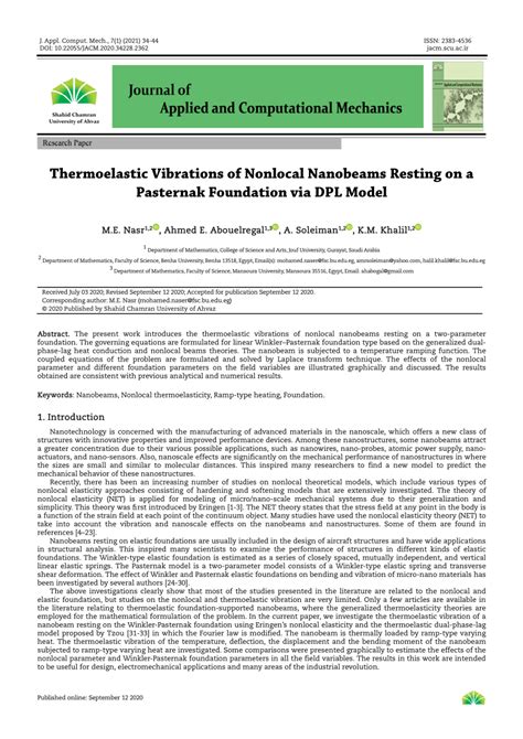 Pdf Thermoelastic Vibrations Of Nonlocal Nanobeams Resting On A Pasternak Foundation Via Dpl Model