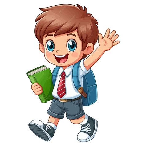 만화 행복한 학교 소년 손을 흔들고 터 일러스트레이션 프리미엄 Ai 생성 벡터