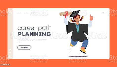 경력 경로 계획 랜딩 페이지 템플릿입니다 기쁨과 행복으로 졸업을 축하하는 작은 총각 소녀 캐릭터 작은에 대한 스톡 벡터 아트 및 기타 이미지 Istock