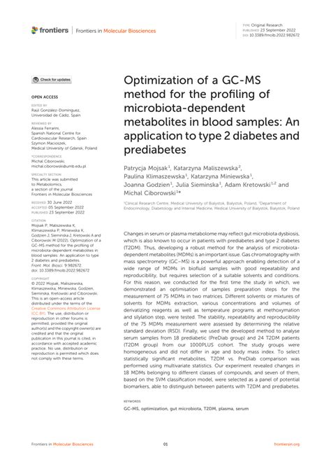 Pdf Optimization Of A Gc Ms Method For The Profiling Of Microbiota Dependent Metabolites In