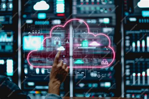 Person Using Holographic Cloud Interface In Hightech Data Center Premium Ai Generated Image