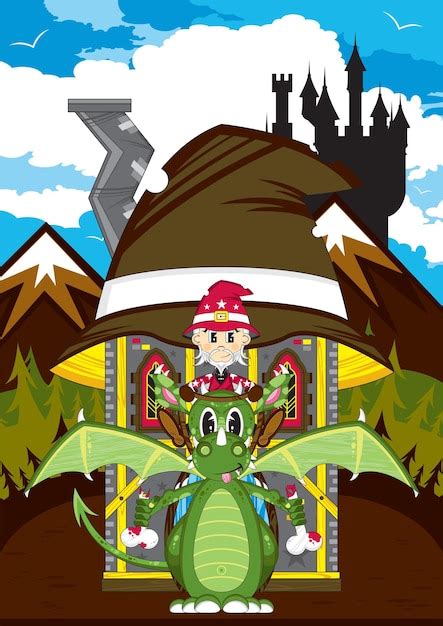Premium Vector Cute Cartoon Magical Wizard And Fierce Green Dragon