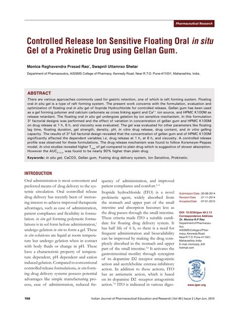 Pdf Controlled Release Ion Sensitive Floating Oral In Situ Gel Of A