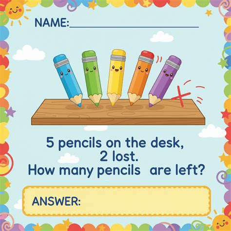 Pencils Subtraction Word Problems Within 10 Worksheet Download