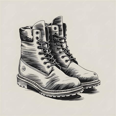 부츠 단색 잉크 스케치 터 드로잉 조각 스타일 일러스트레이션 프리미엄 벡터