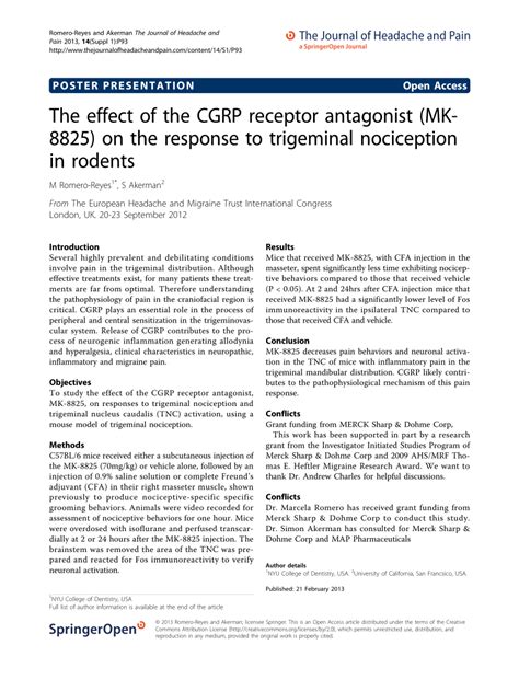 Pdf The Effect Of The Cgrp Receptor Antagonist Mk 8825 On The